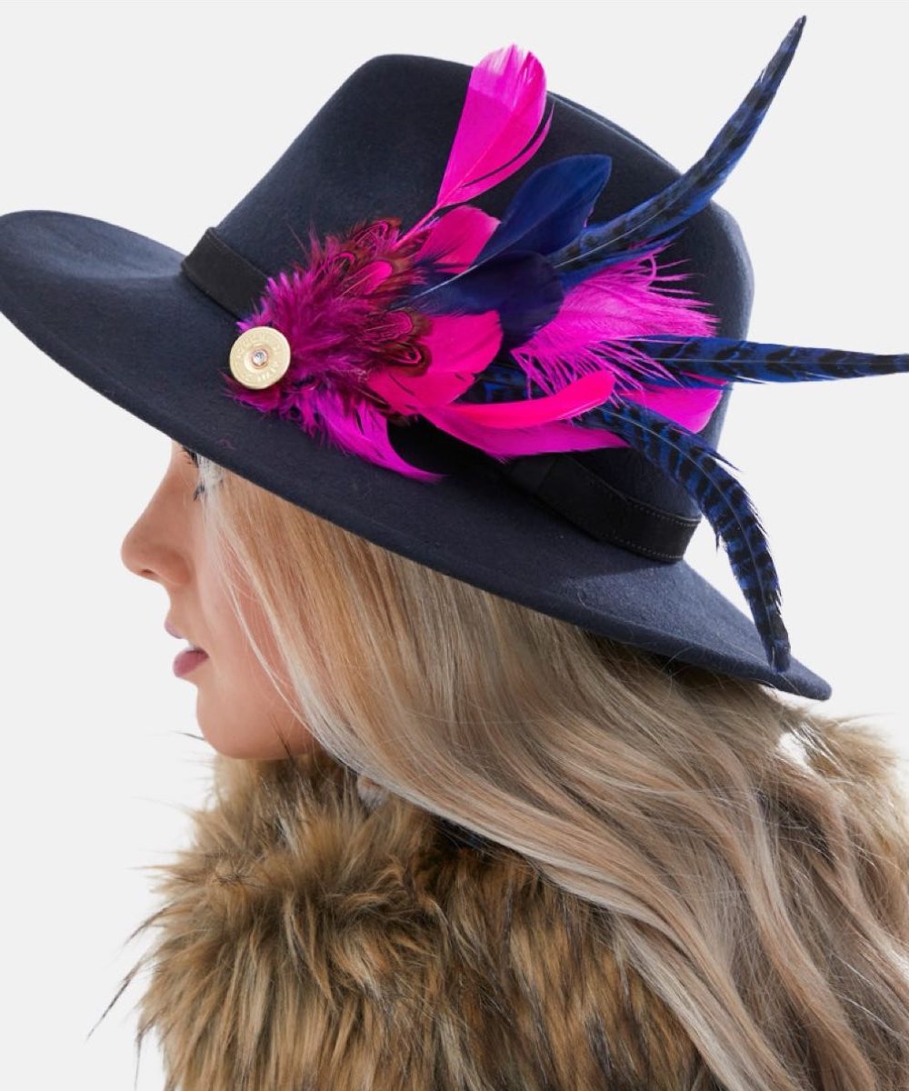 Kelly Navy Fedora Hat with Feathers - Grace and Dotty