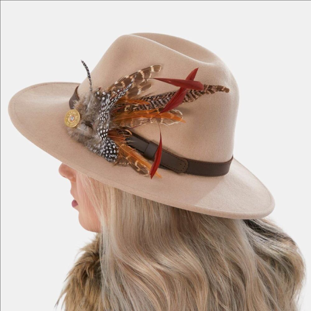 Louisa Beige Fedora Hat with Feathers - Grace and Dotty
