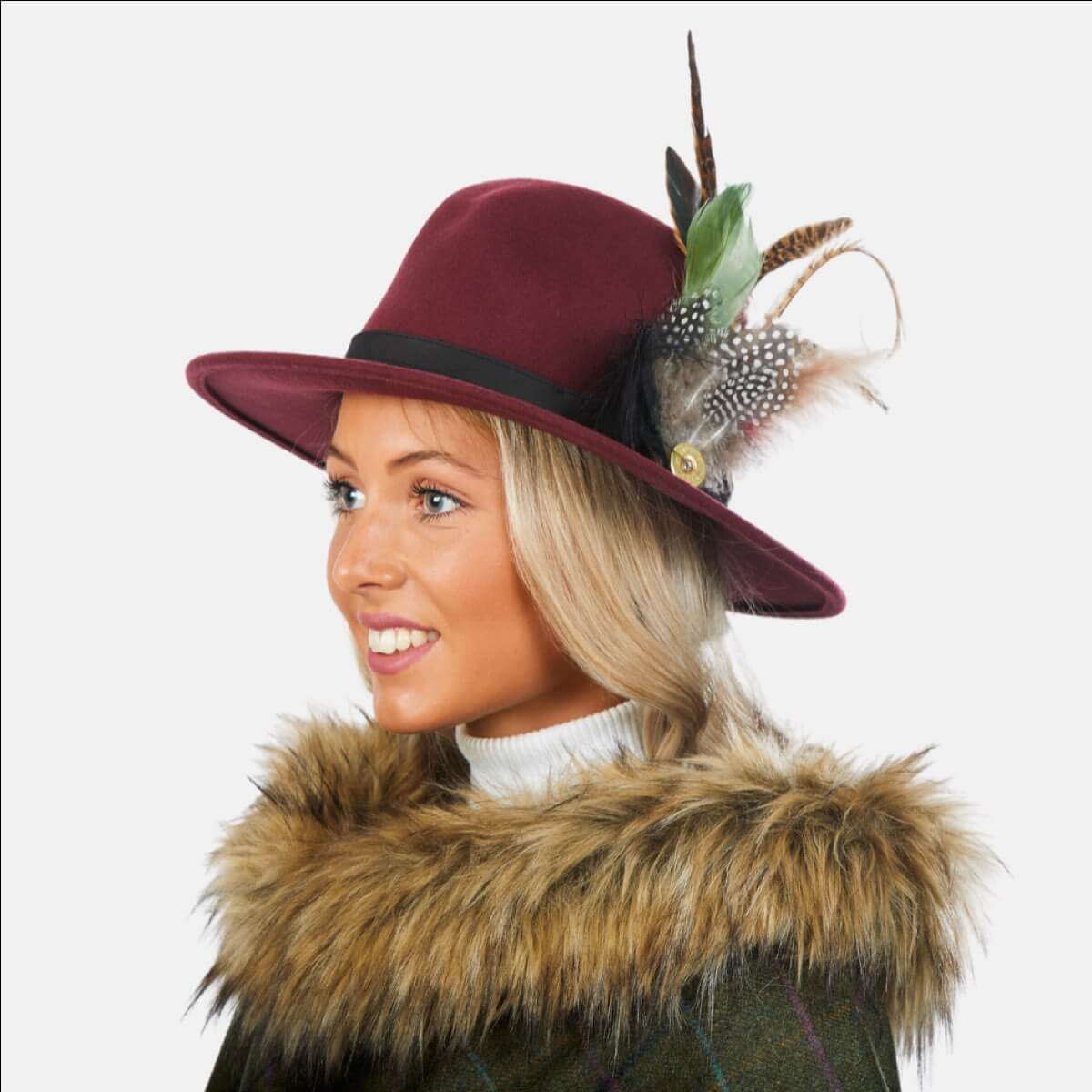 Lilah Maroon Fedora Hat with Feathers - Grace and Dotty