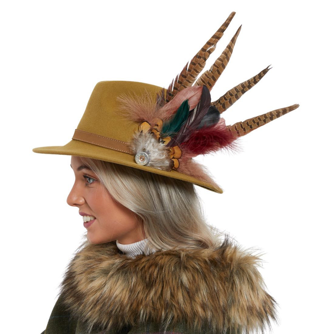 Ella Mustard Fedora Hat with Feathers - Grace and Dotty