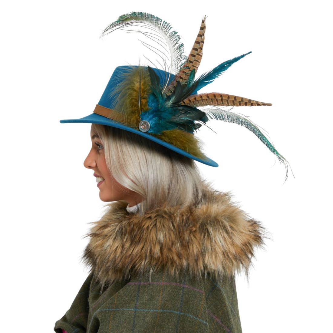 Amber Teal Fedora Hat with Feathers - Grace and Dotty