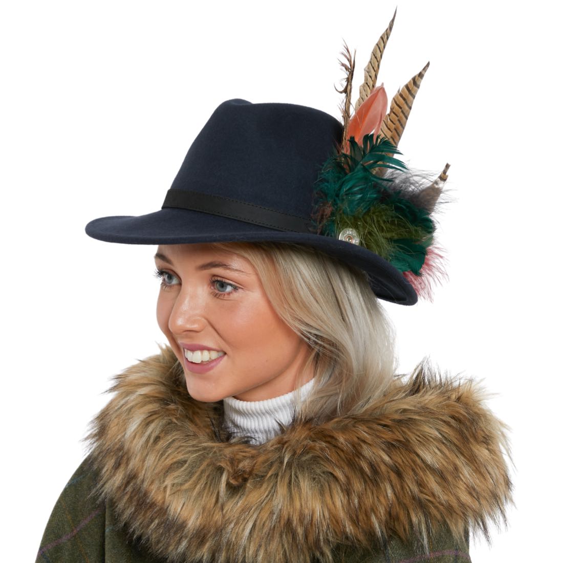 Courtney Navy Fedora Hat with Feathers - Grace and Dotty