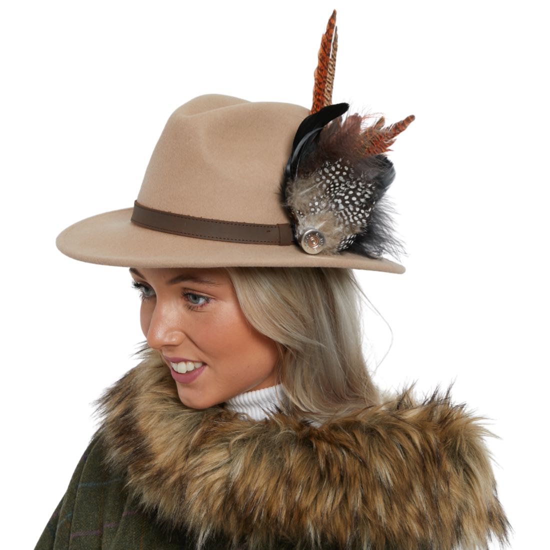 Cali Beige Fedora Hat with Feathers - Grace and Dotty