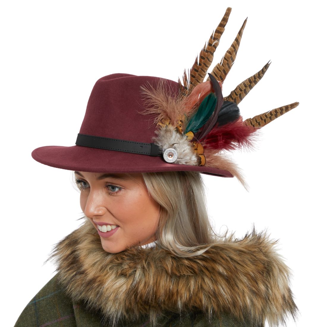 Casey Maroon Fedora Hat with Feathers - Grace and Dotty