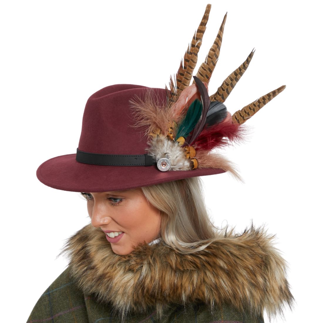 Casey Maroon Fedora Hat with Feathers - Grace and Dotty