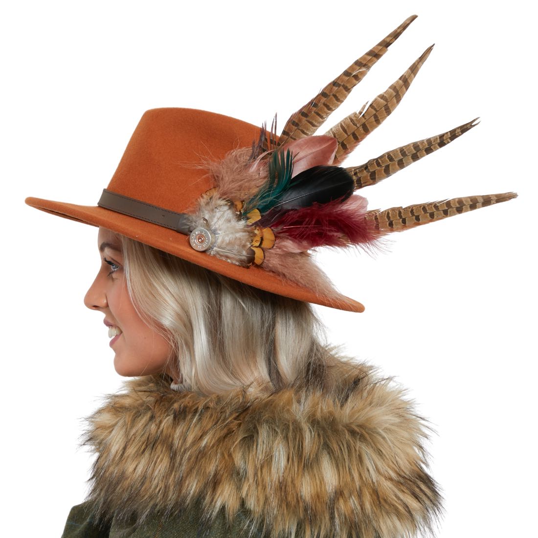 Glenda Rust Fedora Hat with Feathers - Grace and Dotty
