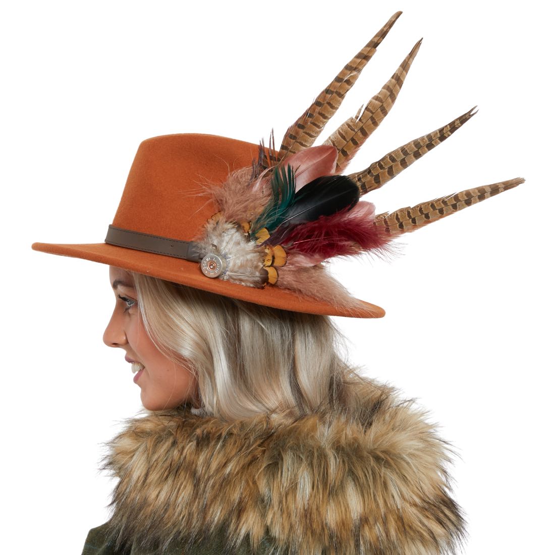 Glenda Rust Fedora Hat with Feathers - Grace and Dotty