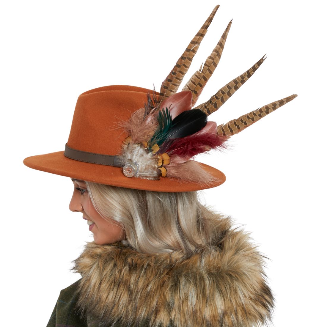Glenda Rust Fedora Hat with Feathers - Grace and Dotty