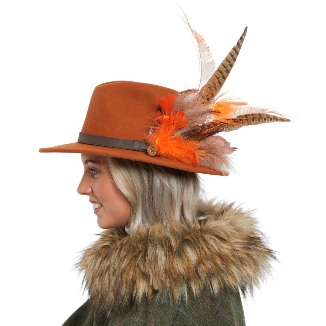 Pippa Rust Fedora Hat with Feathers - Grace and Dotty