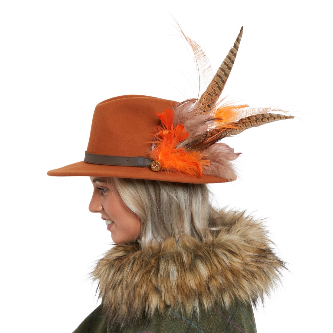 Pippa Rust Fedora Hat with Feathers - Grace and Dotty