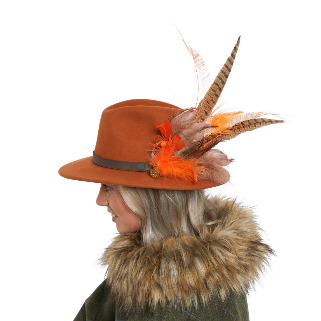 Pippa Rust Fedora Hat with Feathers - Grace and Dotty