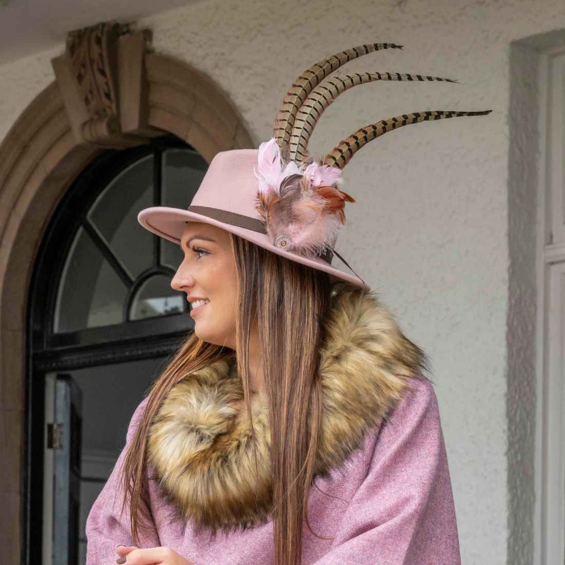 Paige Light Pink Fedora with Feathers - Grace and Dotty