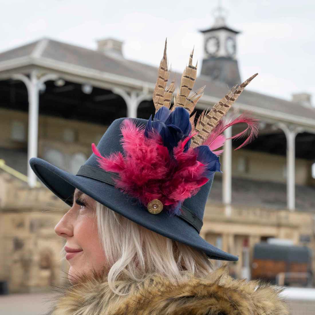 Olivia Traditional Navy Fedora with Feathers - Grace and Dotty